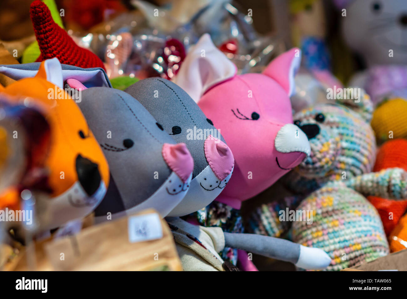 Close-up photo. A hand-made toy line in the craftsmans annual market ...