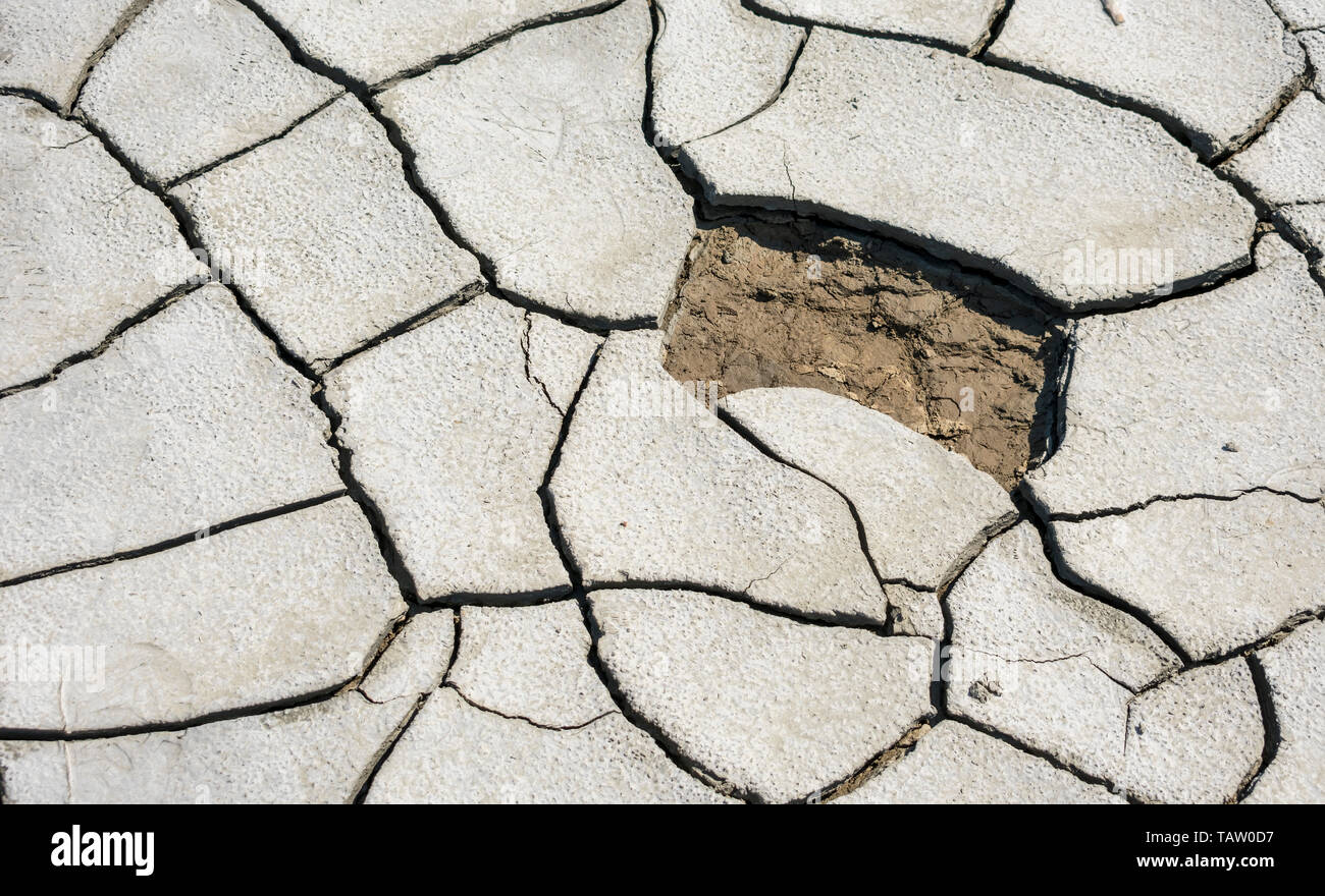 Very dry layer of soil with cracks formed due to a lack of water and ...
