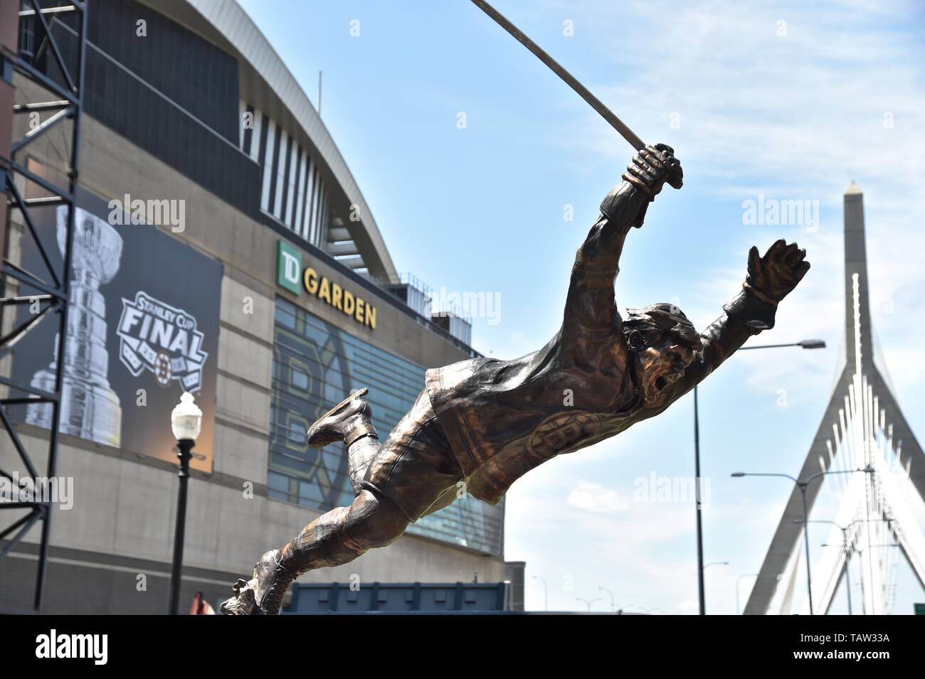 Boston, Mass, USA. 27th May, 2019. The Bobby Orr statue in the shadow of TD Garden. Before Game ...