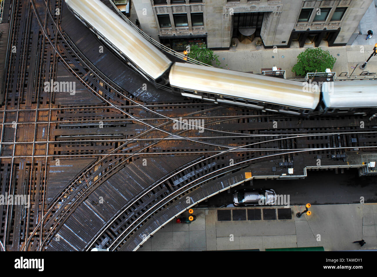 Chicago L train cars from the CTA on elevated tracks in the Loop, downtown, Chicago, Illinois ...