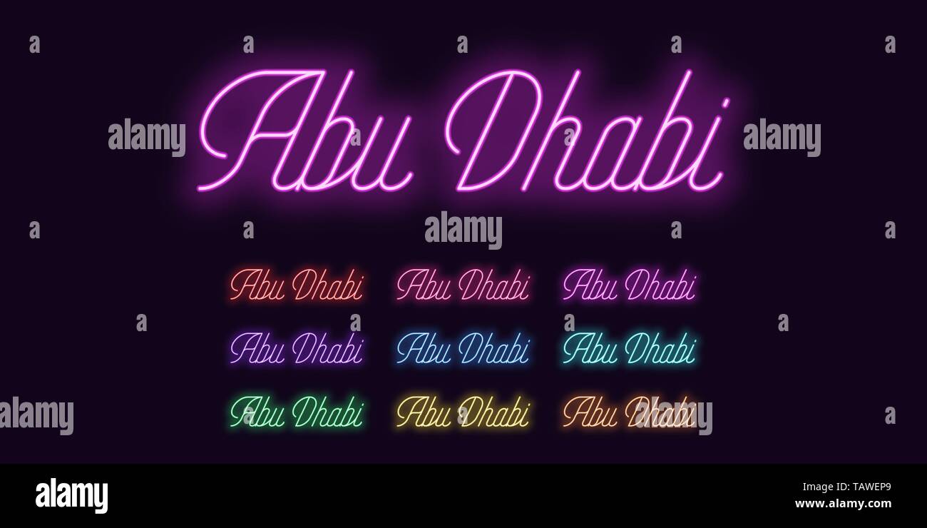 Neon lettering of Abu Dhabi name. Neon text of Abu Dhabi city. Set of ...