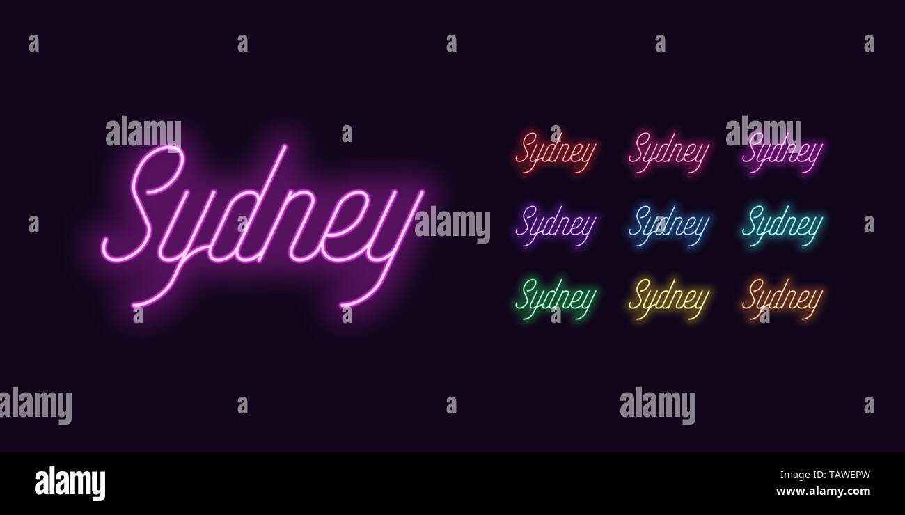 Neon lettering of Sydney name. Neon text of Sydney city. Set of glowing ...