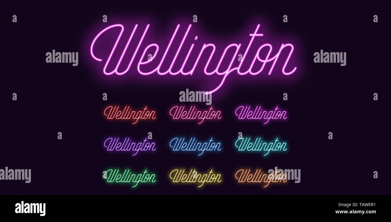 Neon lettering of Wellington name. Neon text of Wellington city. Set of ...