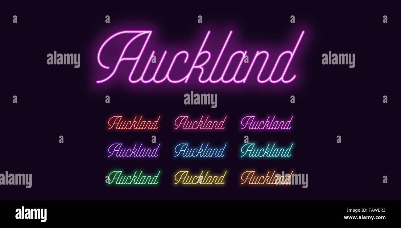Neon lettering of Auckland name. Neon text of Auckland city. Set of ...