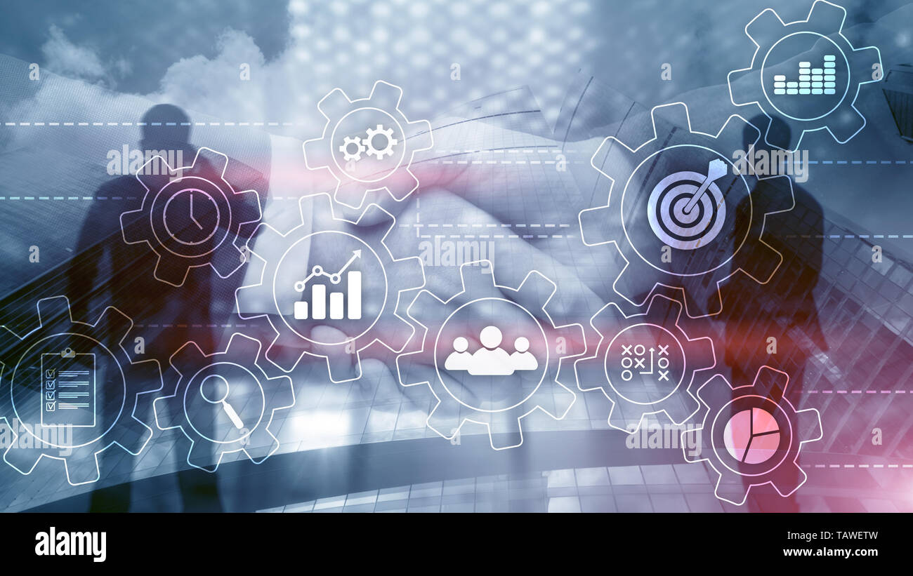 Business process automation concept. Gears and icons on abstract ...