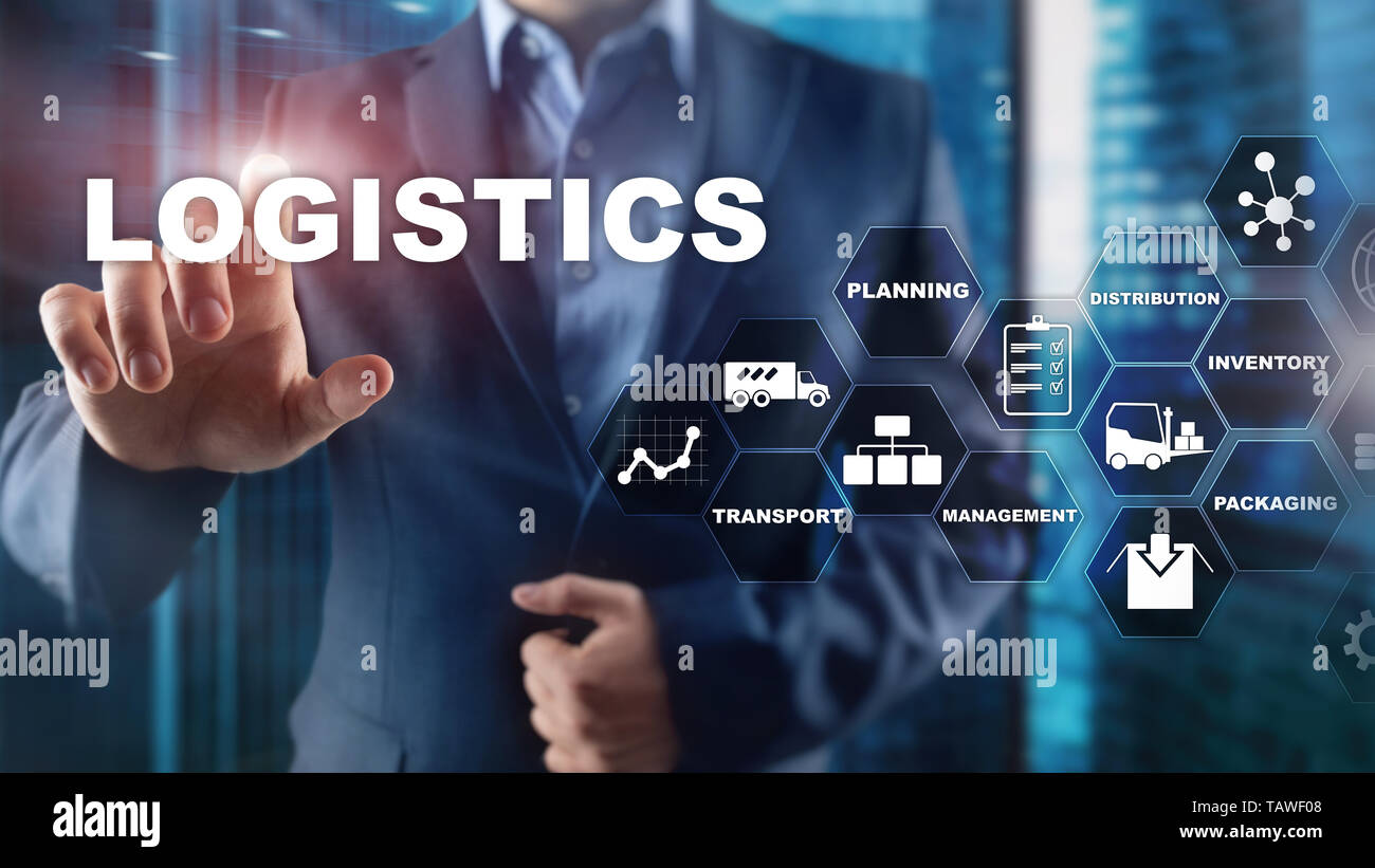 Logistic and transport concept. Businessman shows logistics diagram ...
