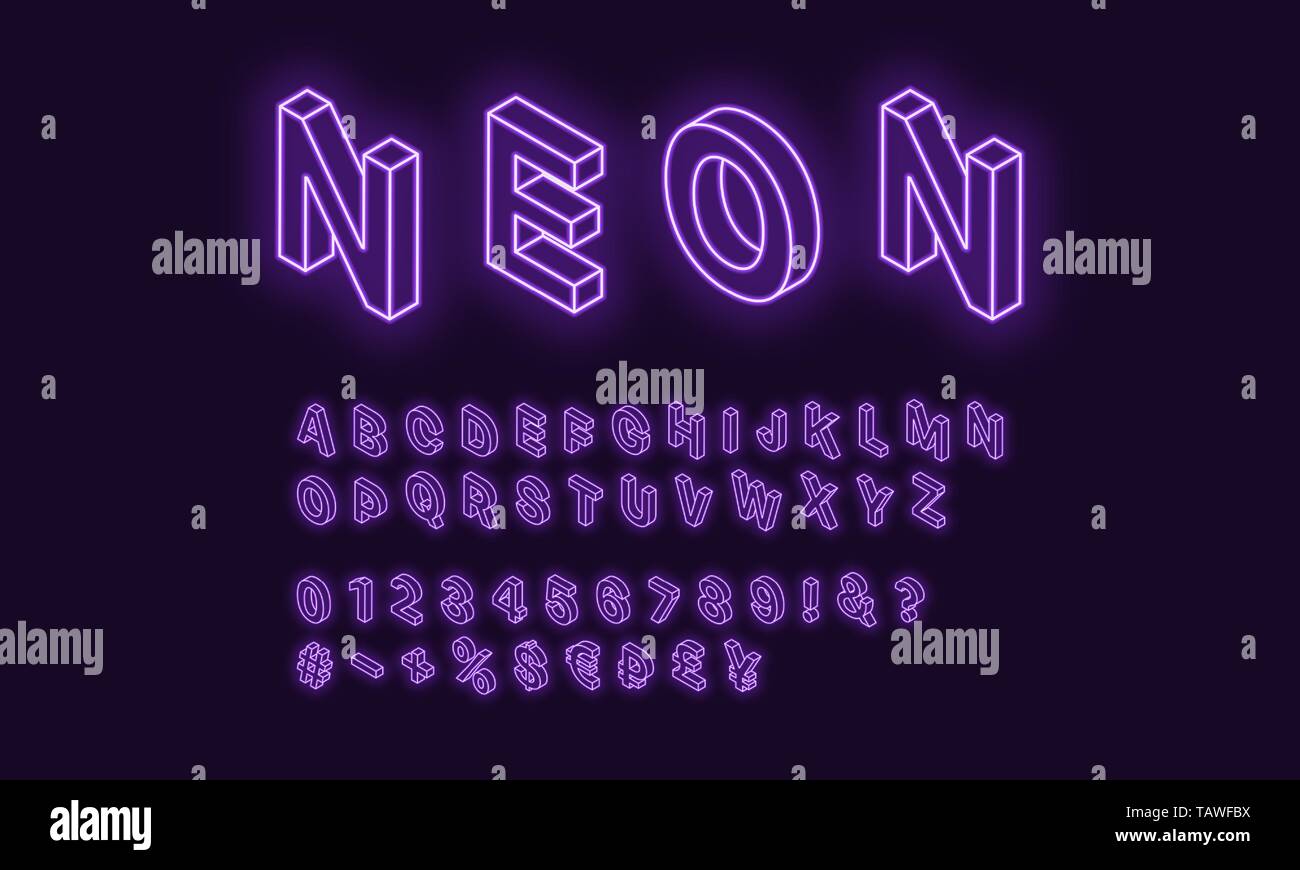 Neon isometric alphabet, Violet color. Neon outlined Font with set of ...