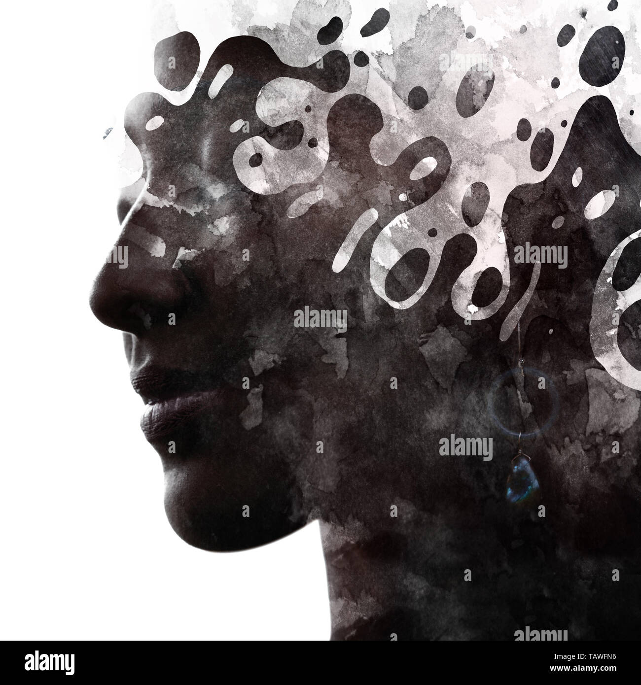 Double exposure. Paintography. Portrait of a beautiful young female ...