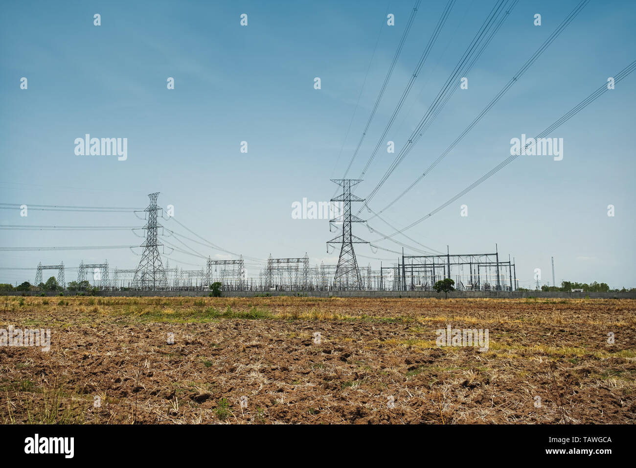 Power transmission, Electric power lines and power plant background ...