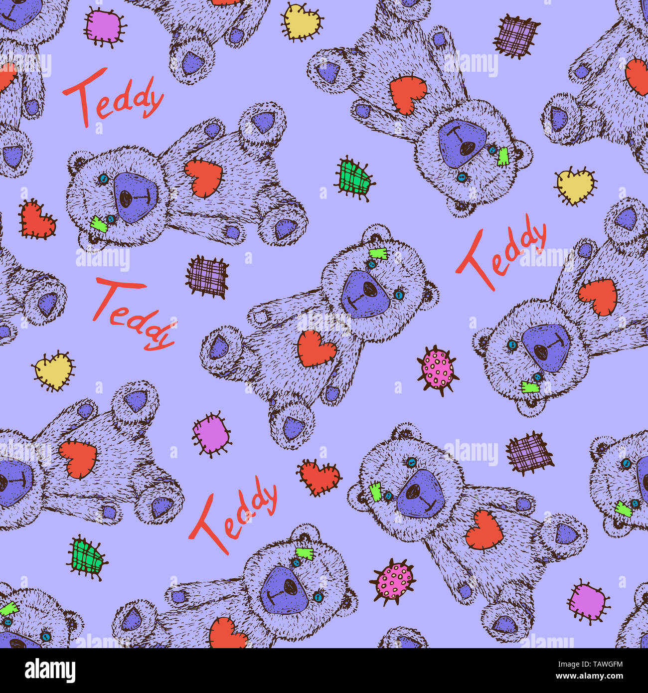 Teddy bear with colorful patches and inscription, hand drawn doodle ...