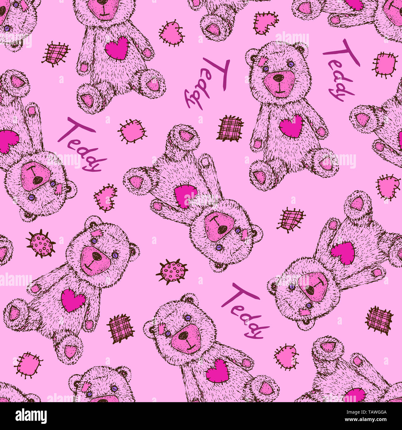 Teddy bear with patches and inscription, hand drawn doodle sketch ...