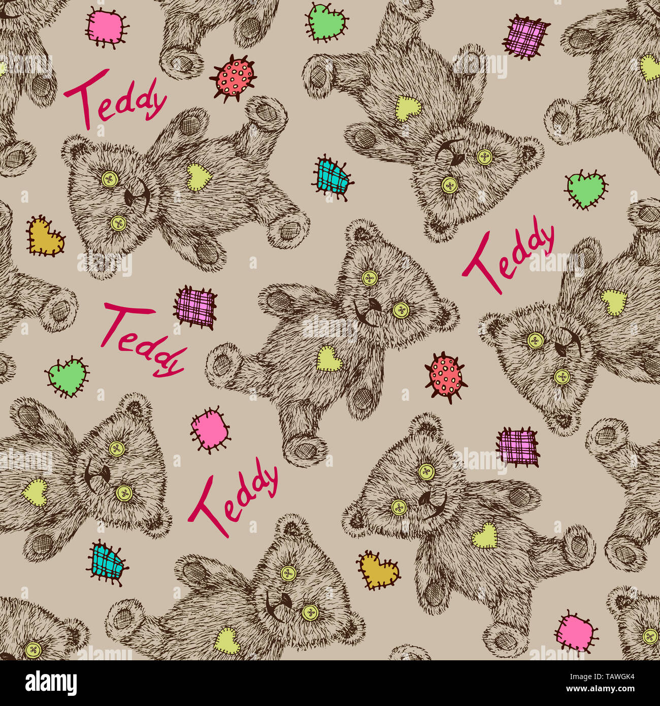 Teddy bear with heart shaped patch, colorful patches and inscription ...