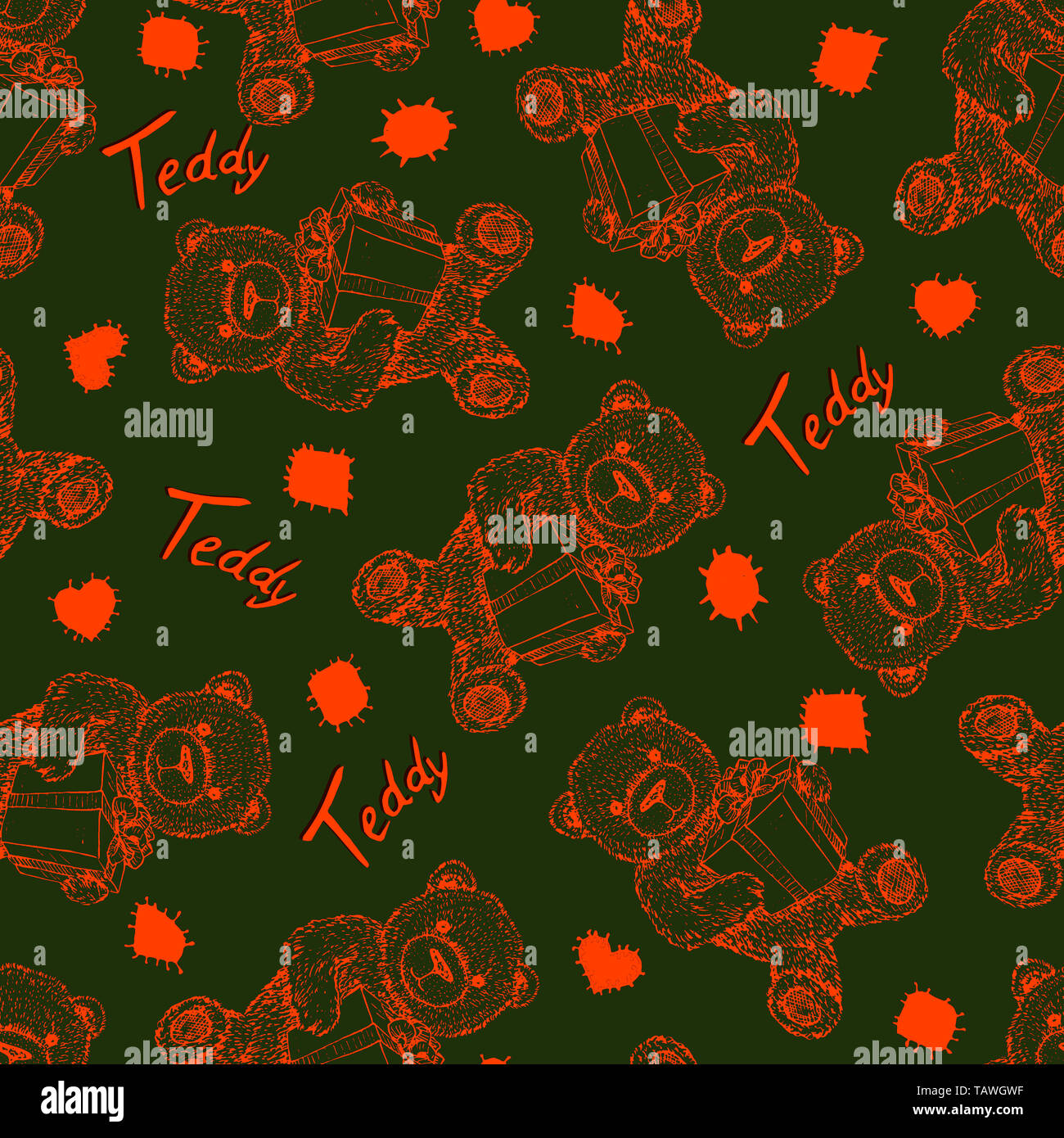 Teddy bear with gift box with ribbon, colorful patches and inscription ...