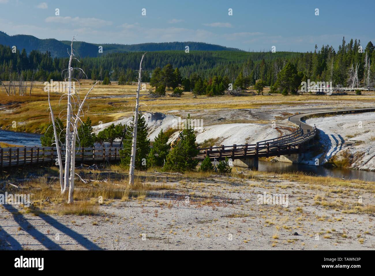 A walkway, bridge with wooden rails across Yellowstone river Stock ...