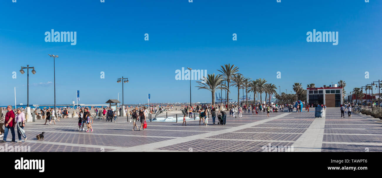 Panorama of people walkng the boulevard of Valencia, Spain Stock Photo ...