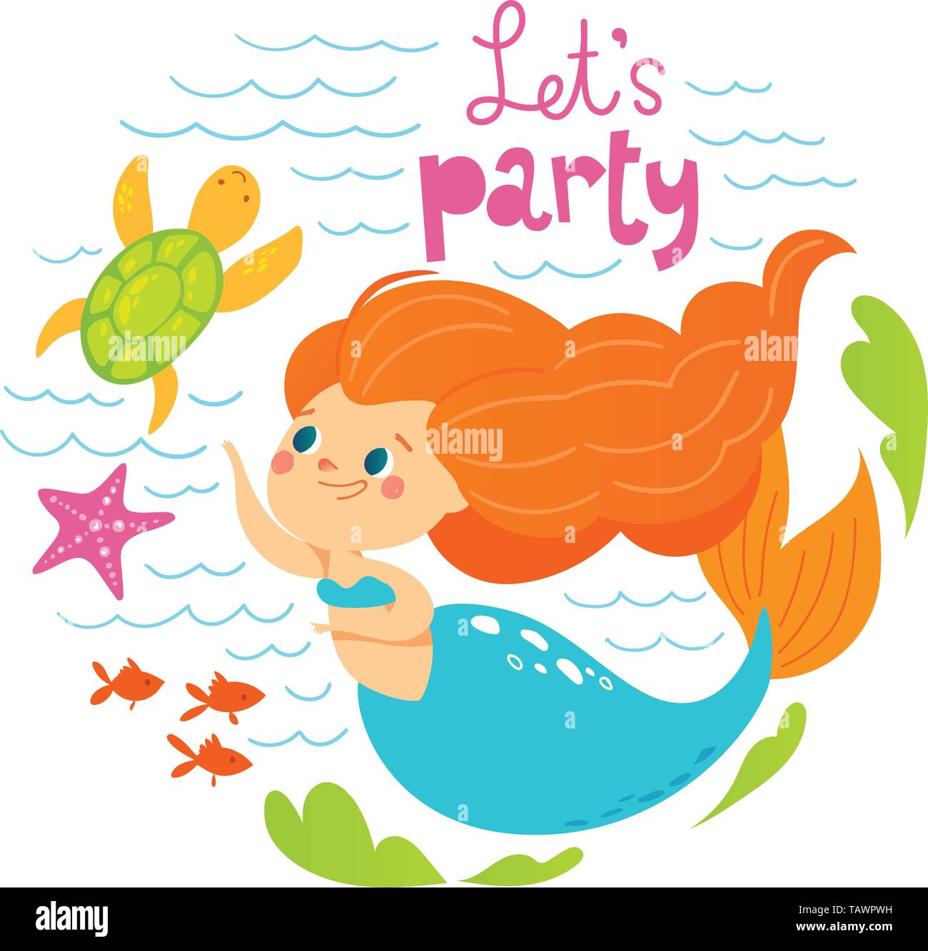 Cartoon style vector summer design with cute mermaid girl and sea fish ...