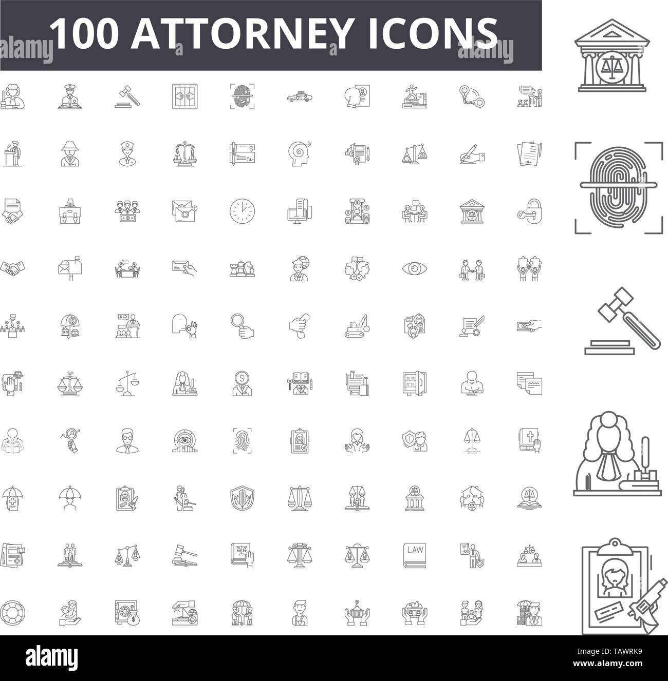 Attorney line icons, signs, vector set, outline illustration concept ...