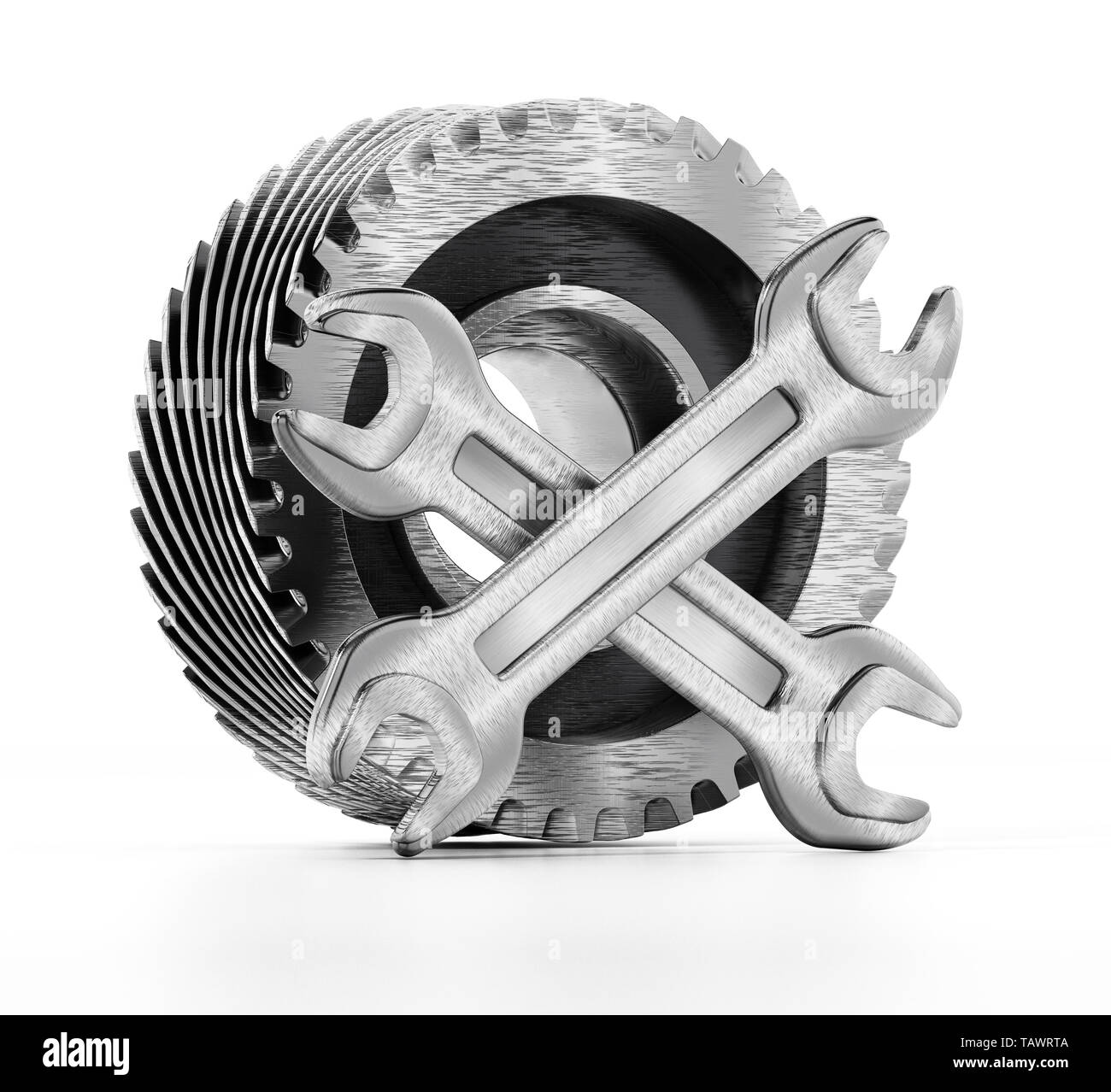 Cogwheel and wrenches isolated on white background. 3D illustration Stock Photo - Alamy