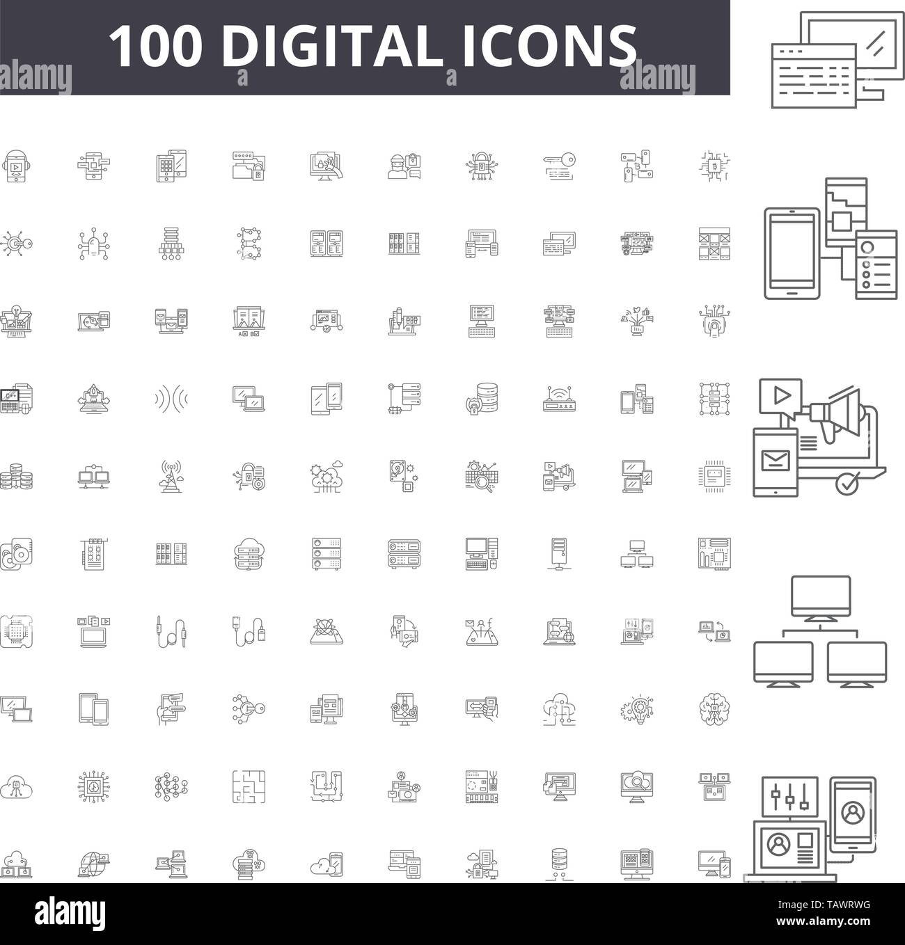 Digital line icons, signs, vector set, outline illustration concept ...