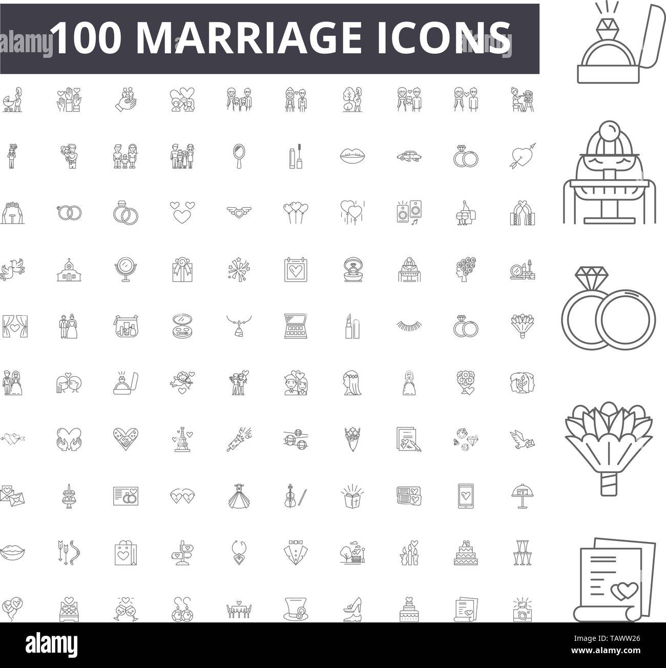 Marriage line icons, signs, vector set, outline illustration concept ...