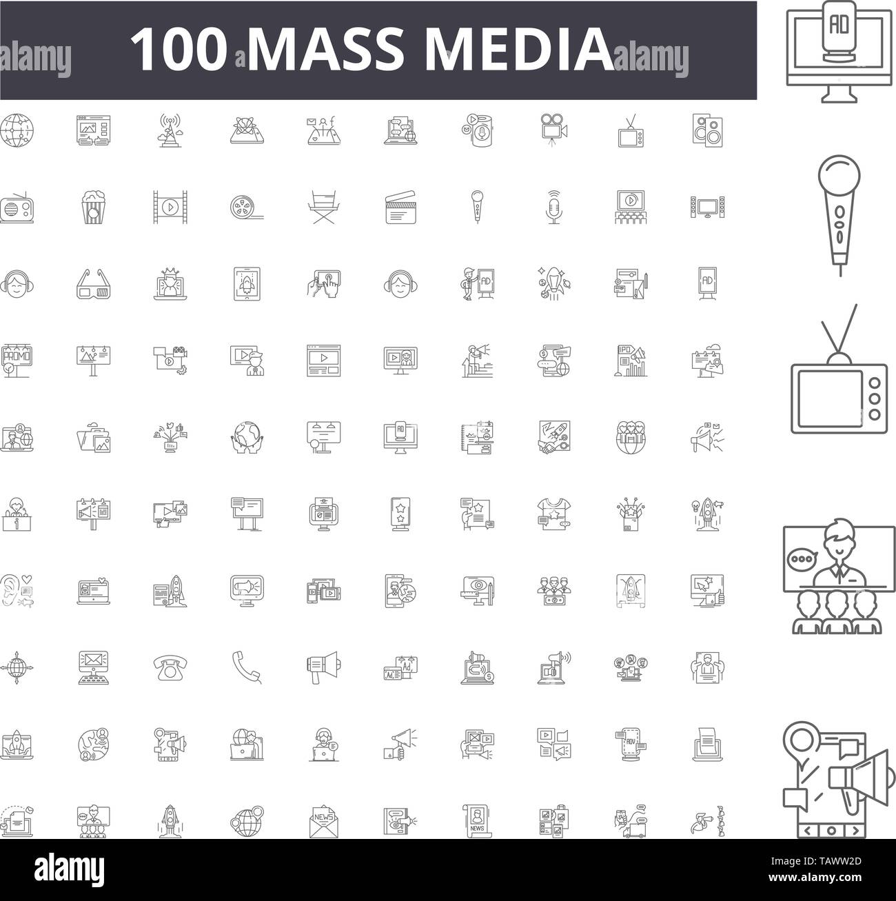 Mass media line icons, signs, vector set, outline illustration concept ...