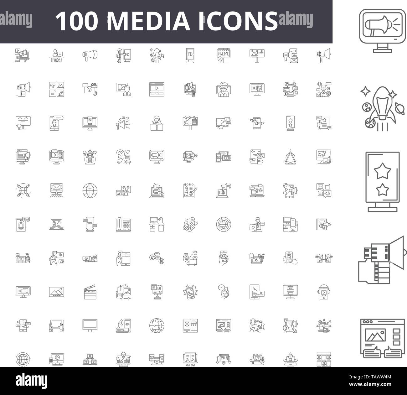 Media line icons, signs, vector set, outline illustration concept Stock ...