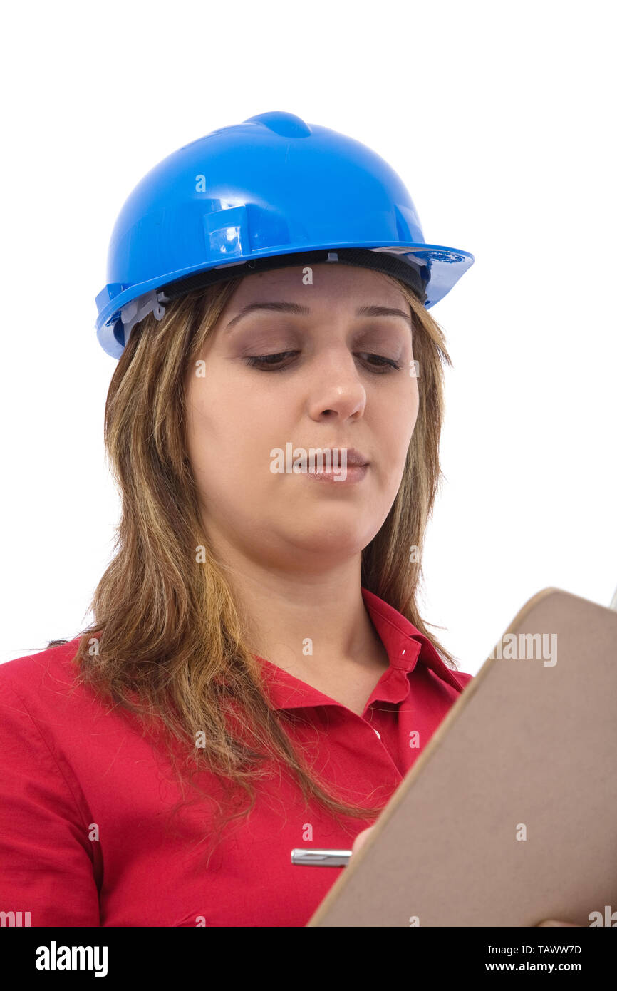 construcion engineer taking notes on white background Stock Photo - Alamy