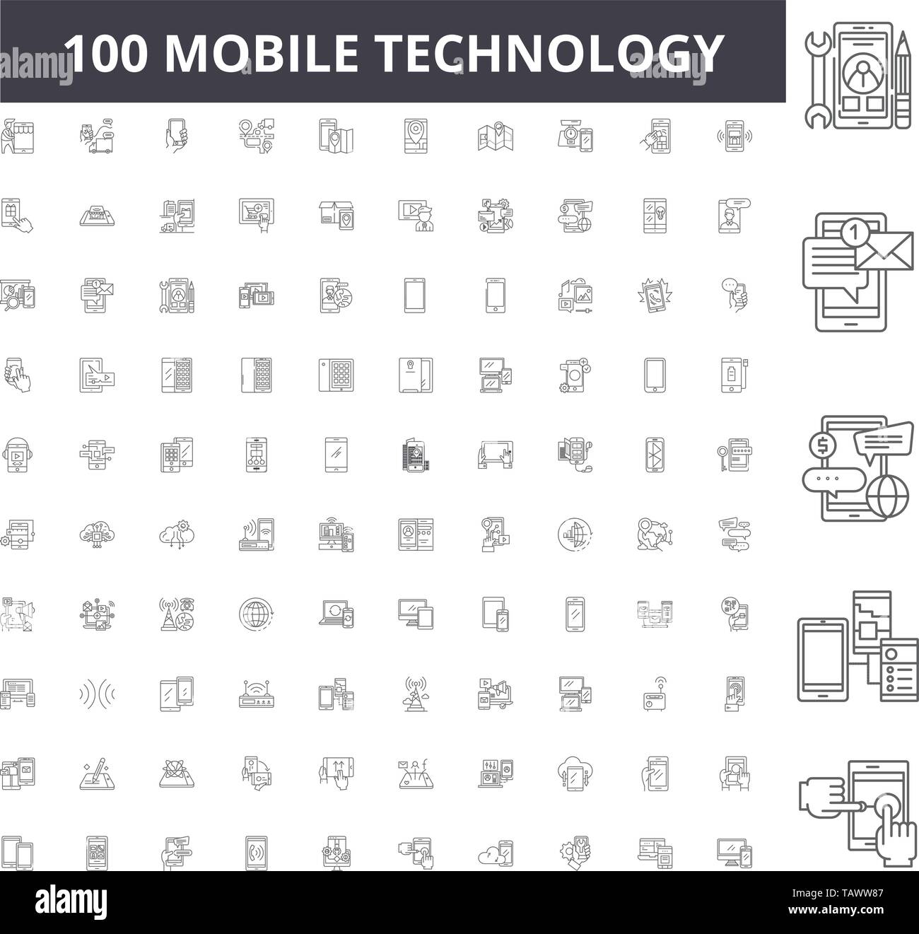 Mobile technology line icons, signs, vector set, outline illustration ...