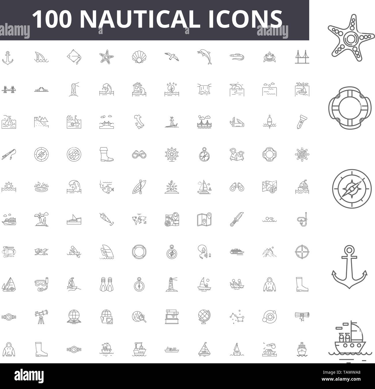 Nautical line icons, signs, vector set, outline illustration concept ...