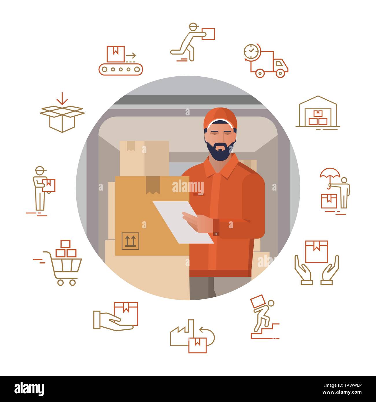 Vector illustration with a set of icons on the theme of delivery with ...