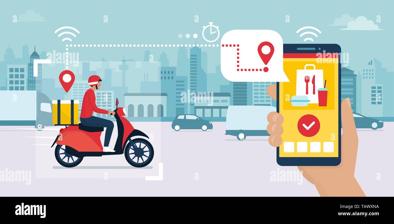 Food delivery app on a smartphone tracking a delivery man on a moped ...