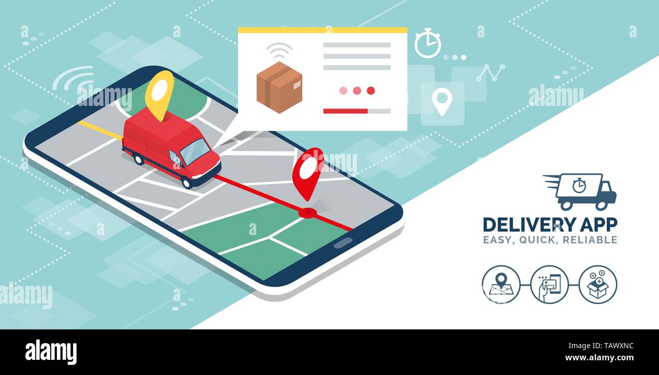 Fast delivery service app: isometric van delivering a box and order ...