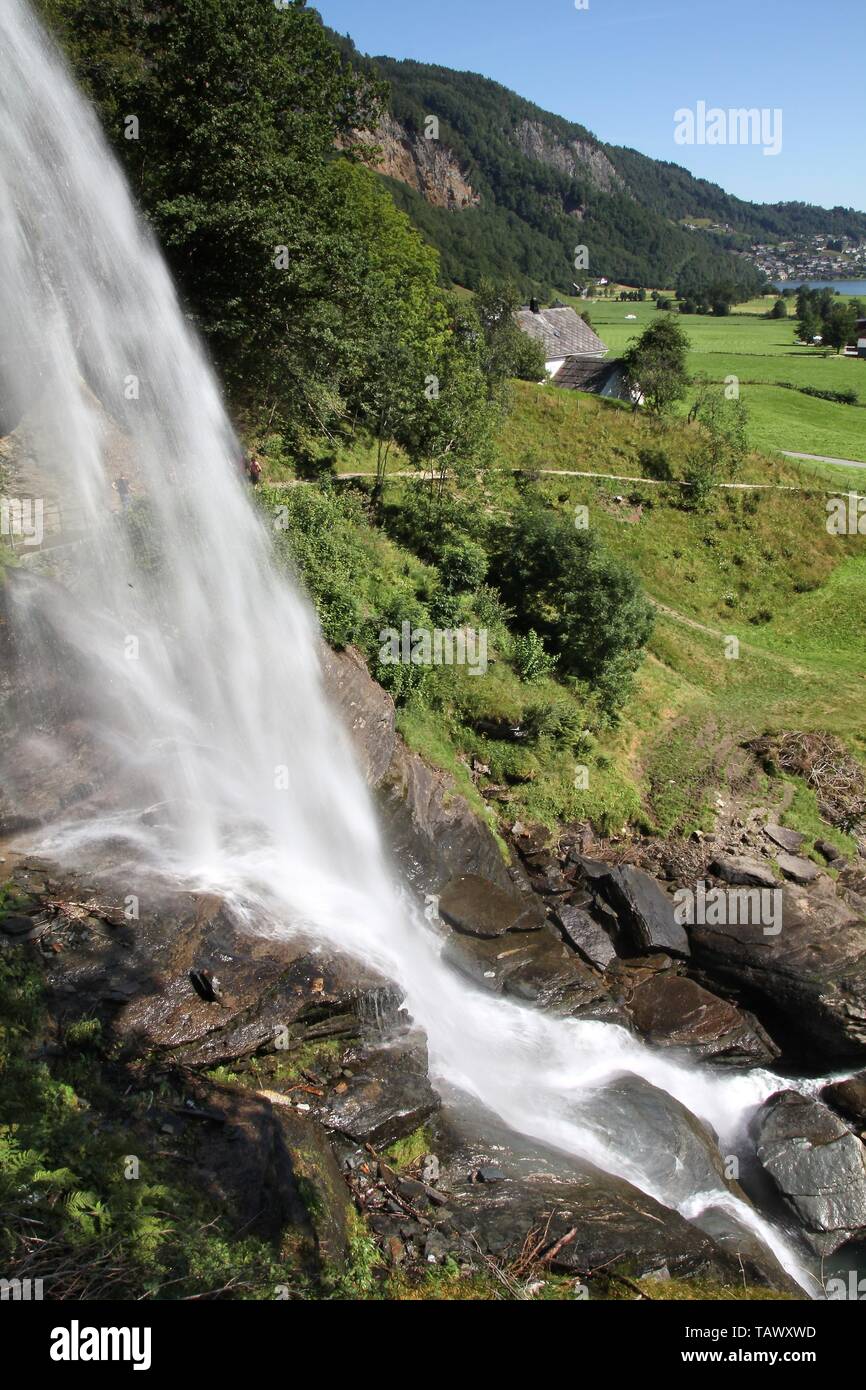Steinsdalsfossen waterfall landscape - natural wonder in Norway Stock ...