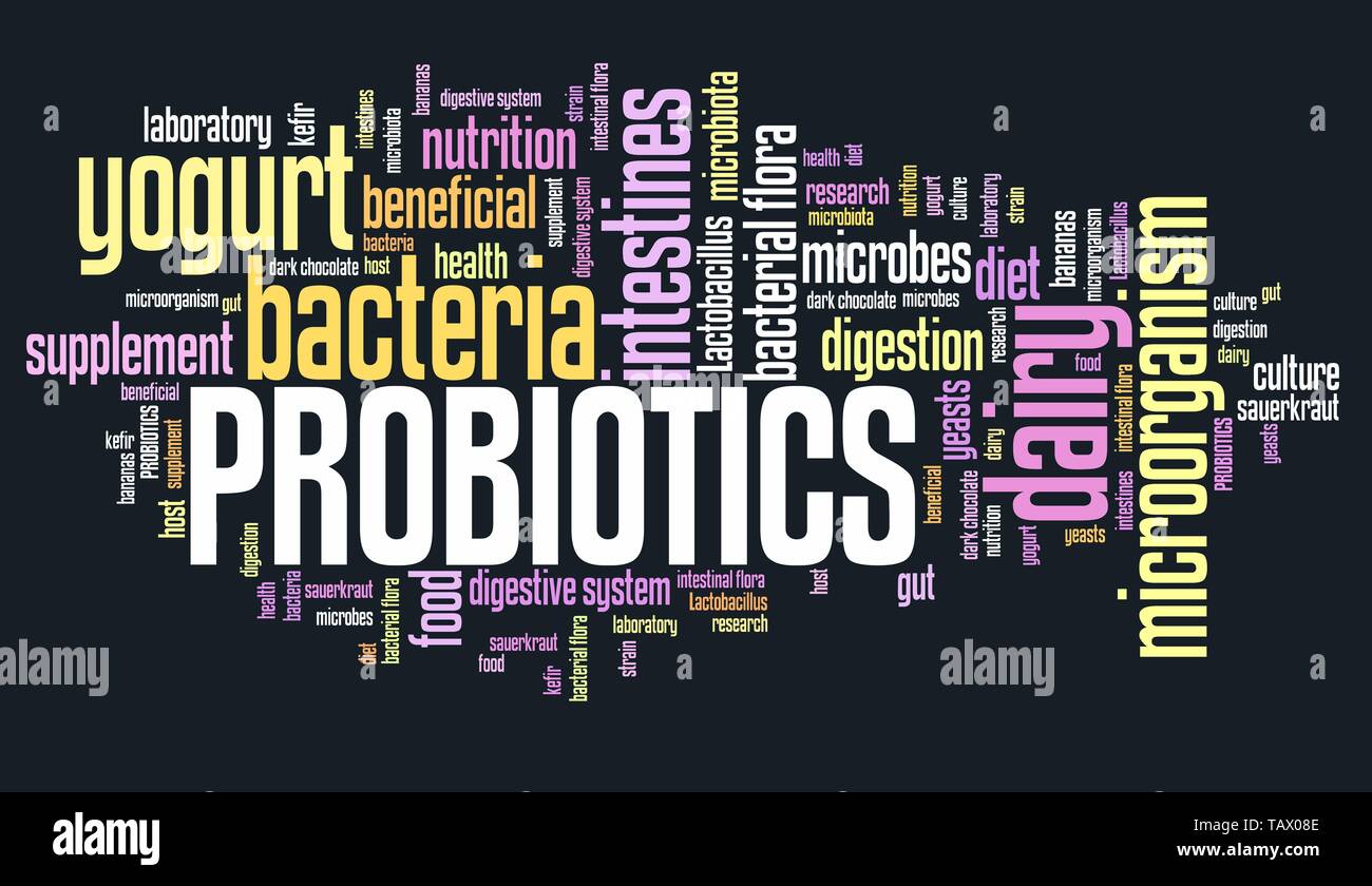Probiotics - intestinal flora food supplement. Word cloud sign Stock ...