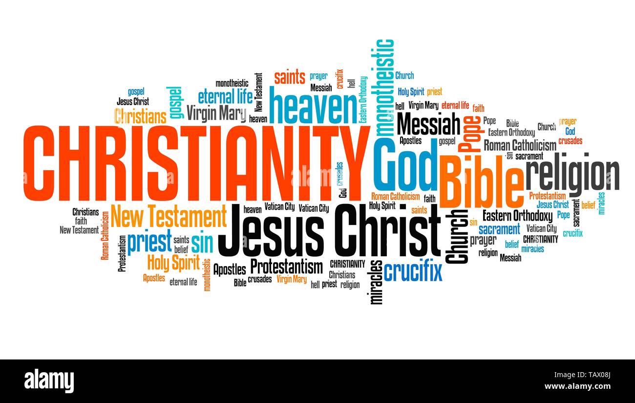 Christianity - religion of Bible, God and Jesus Christ. Word cloud sign ...