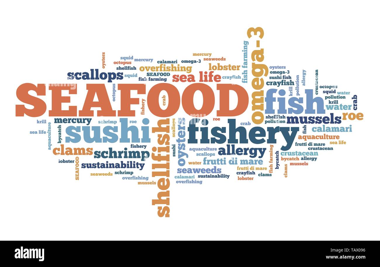 Seafood cuisine - fish and shellfish based diet. Word cloud sign Stock ...