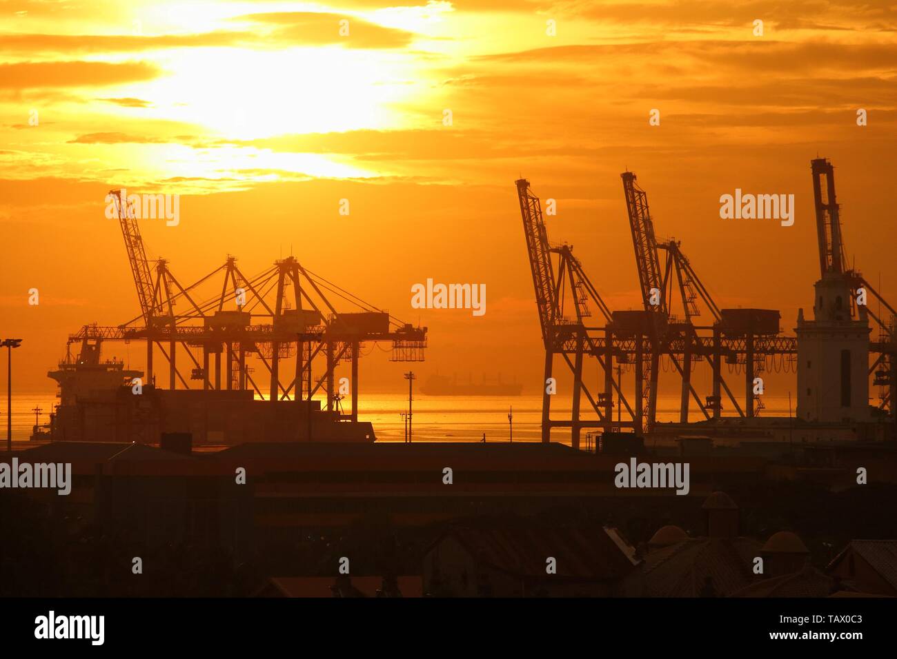 Port of Manila, Philippines. Seaport loading cranes in sunset light ...