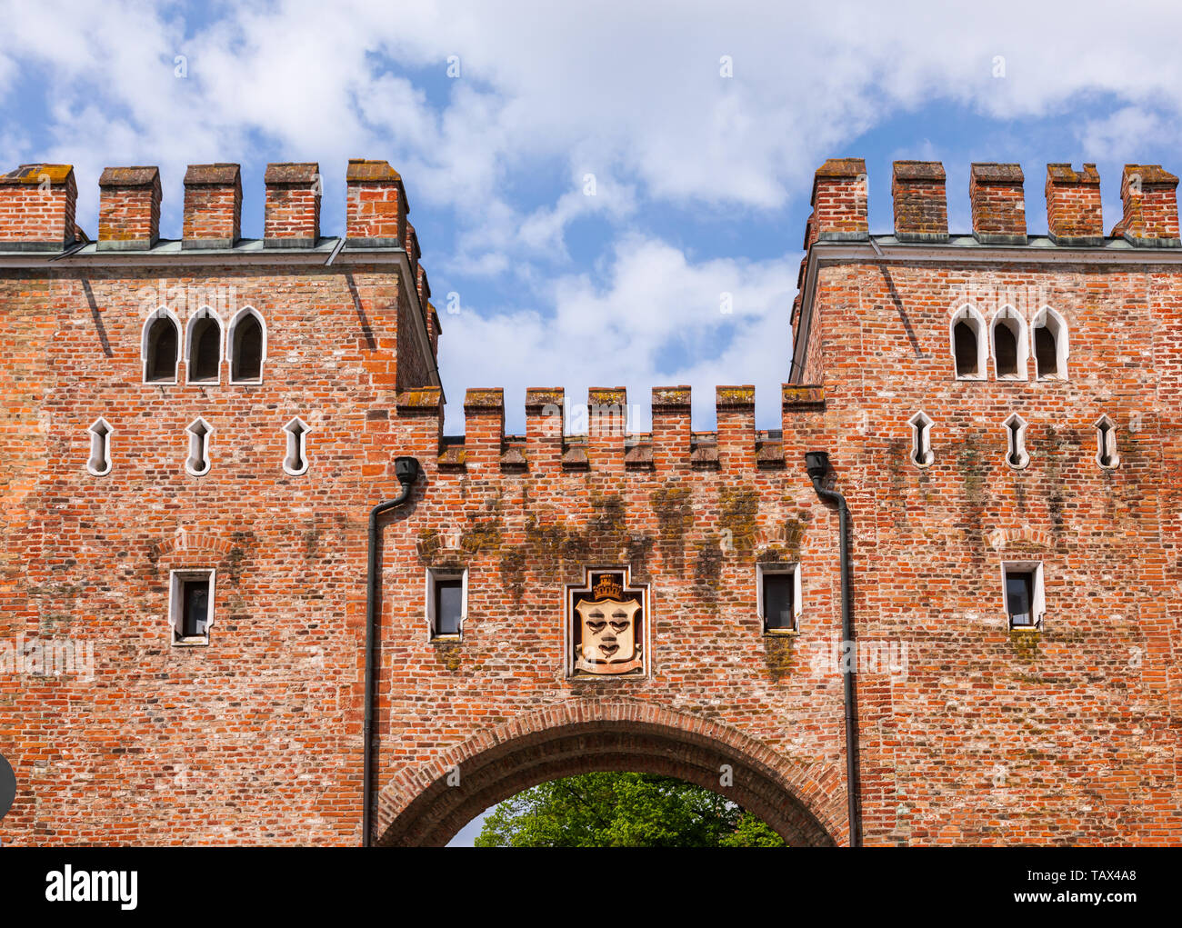 Restored medieval town gate Landtor with Coat of arms at Landshut Old ...