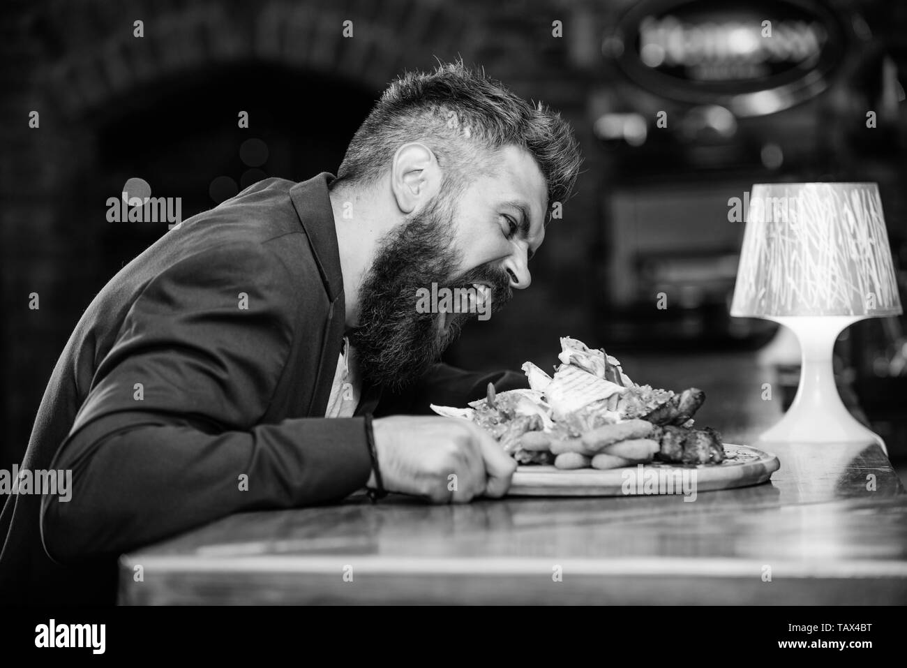 Cheat meal concept. Hipster hungry eat pub fried food. Manager formal ...