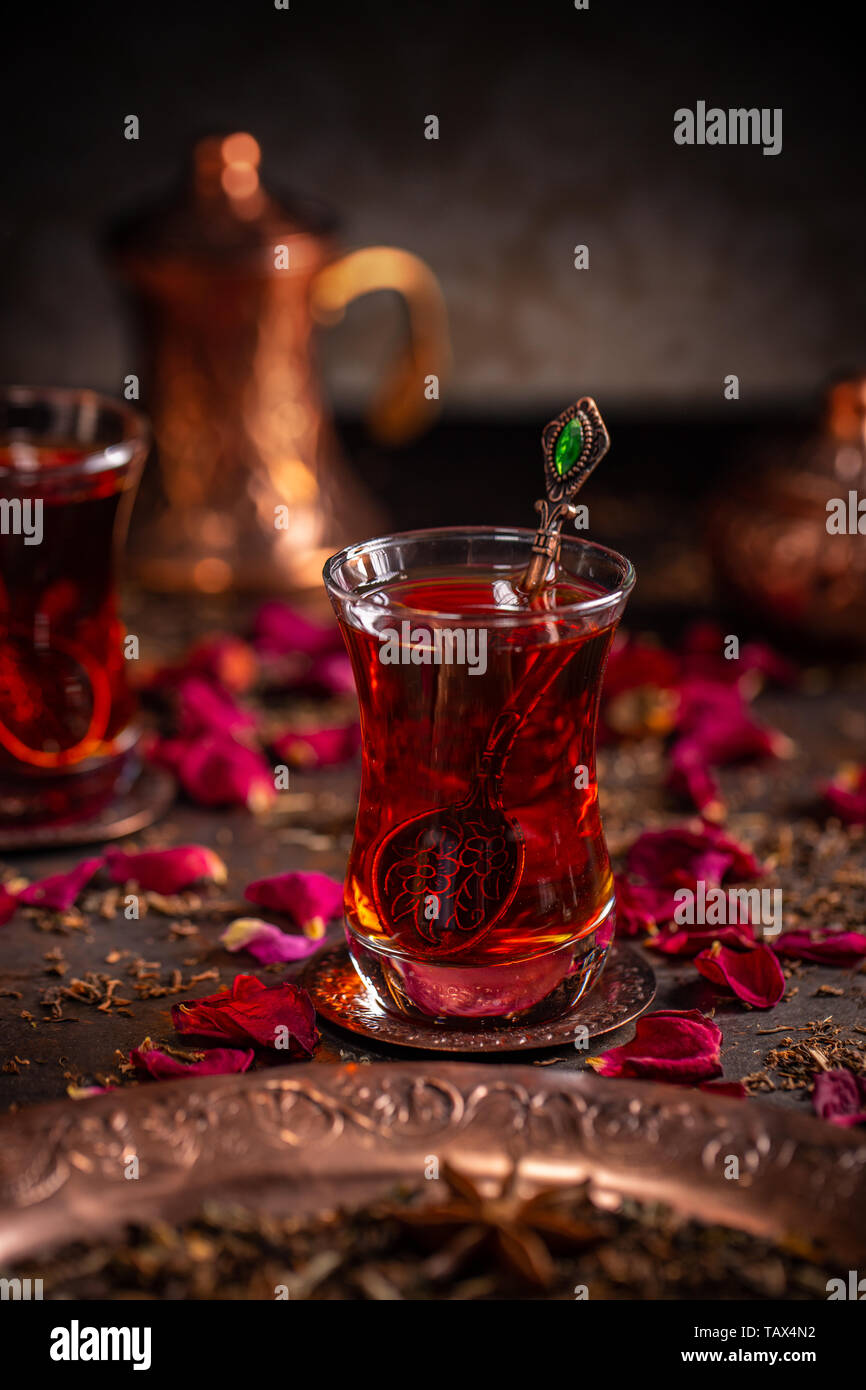 Black Turkish tea with spoon, Turkish tea concept Stock Photo - Alamy