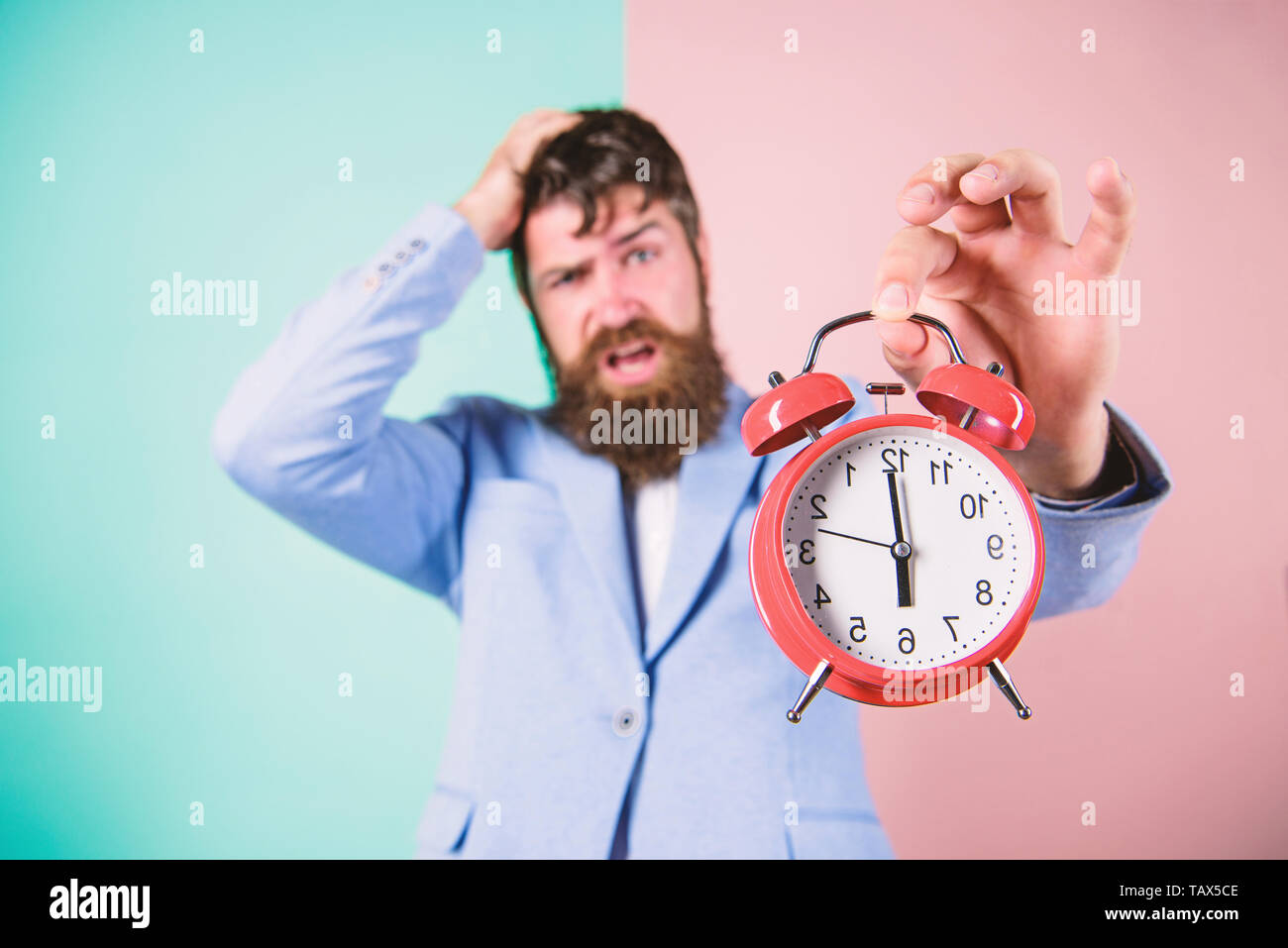 How much time left till deadline. Time to work. Man bearded stressful ...