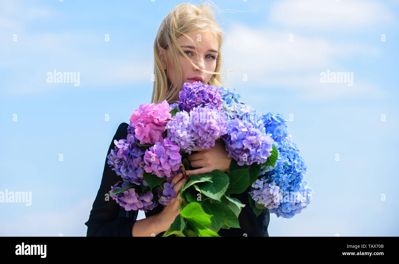 Girl tender blonde hold hydrangea bouquet. Allergy free life. Stop ...