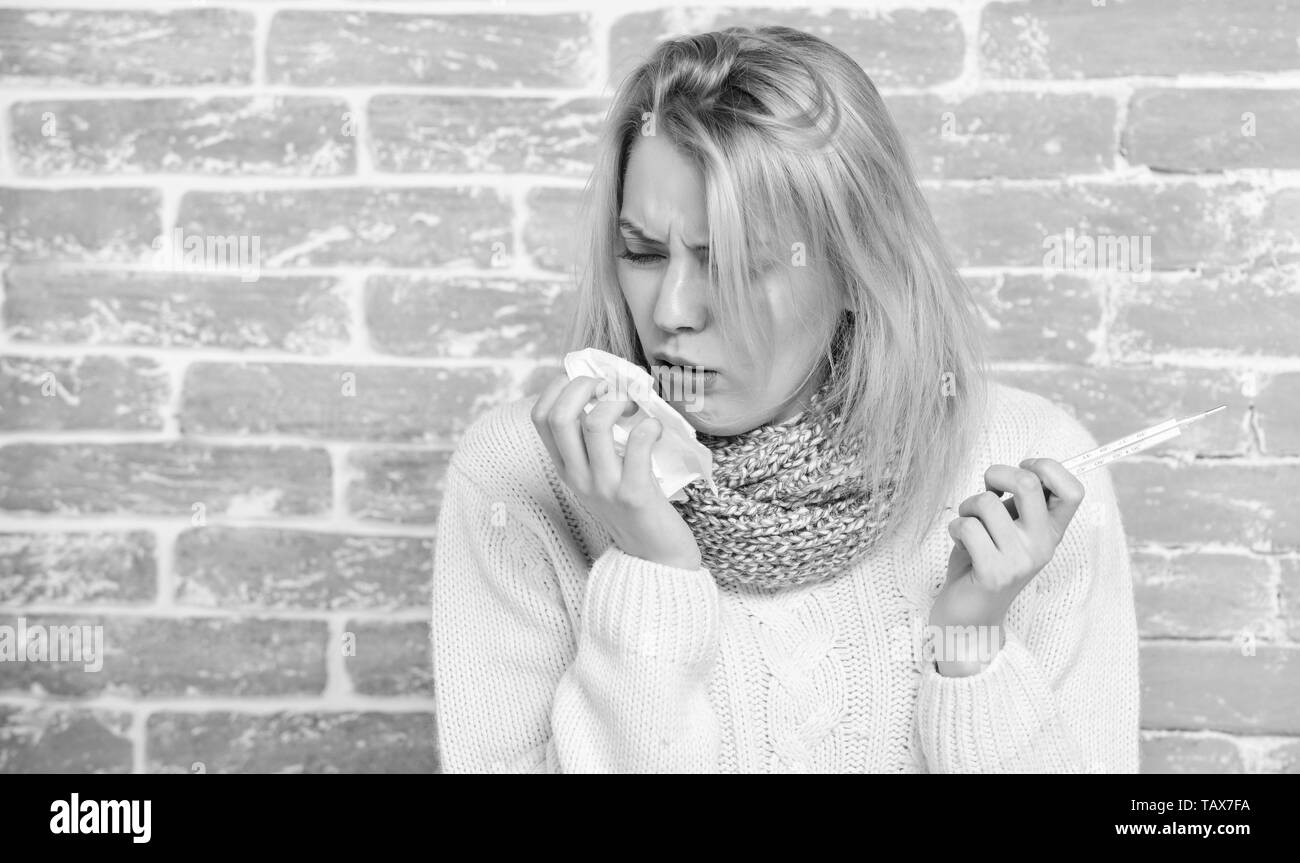 Break fever remedies. High temperature concept. Woman feels badly ill ...