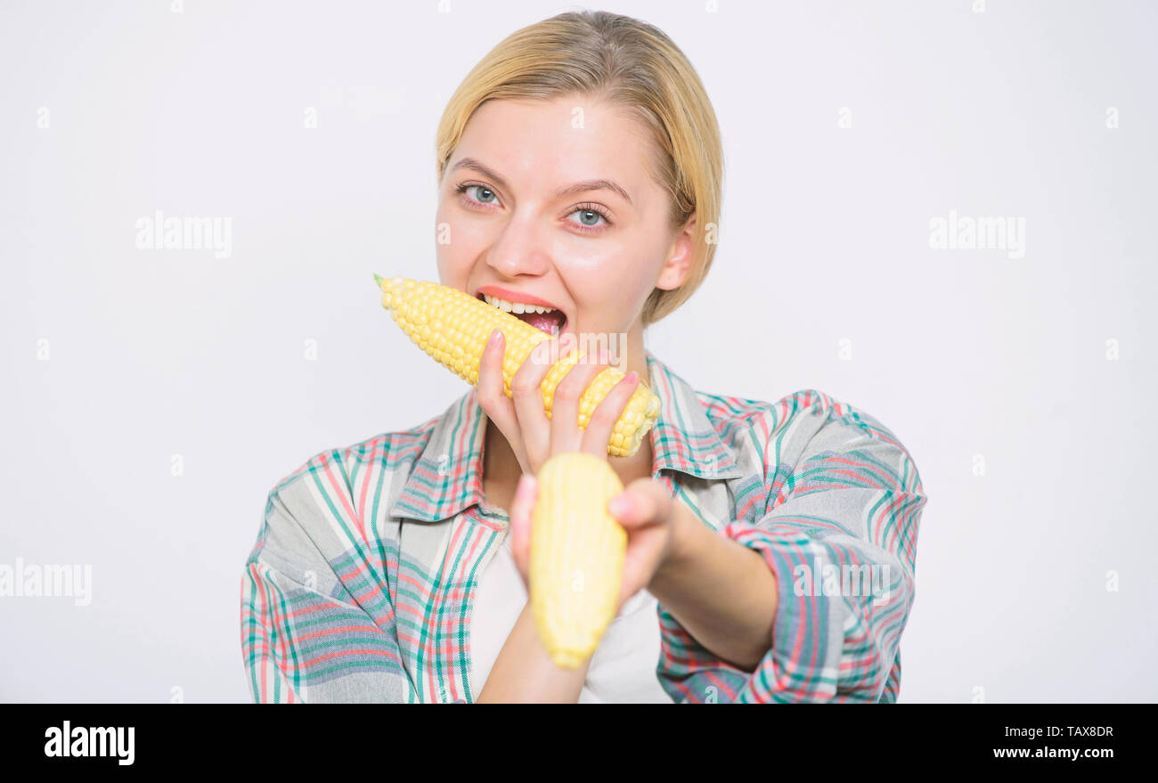 woman farmer at corn harvest. Farming, farmer girl with maize. Happy ...