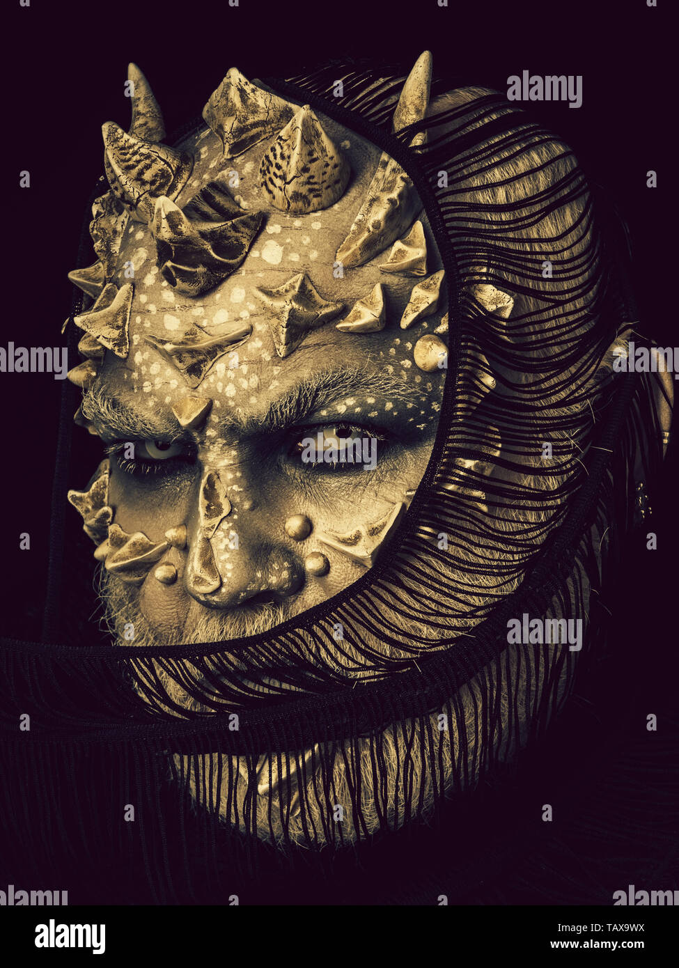Demon hiding face with scarf isolated on black. Alien with dragon skin ...