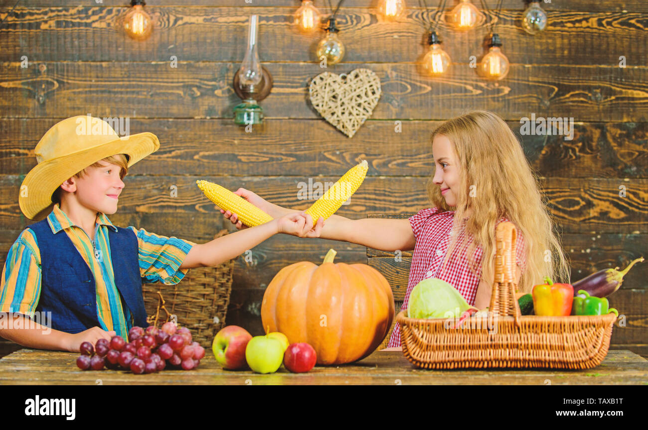 Kids girl boy celebrate harvest festival rustic style. Celebrate ...