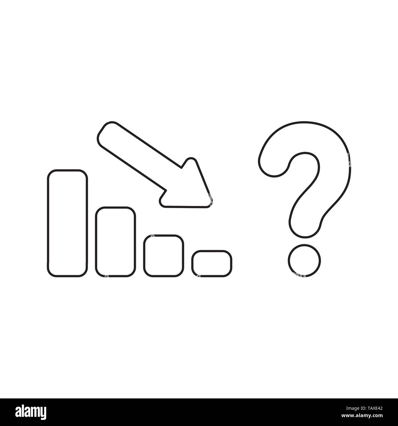 Vector icon concept of sales bar graph moving down and question mark. Black outlines Stock ...