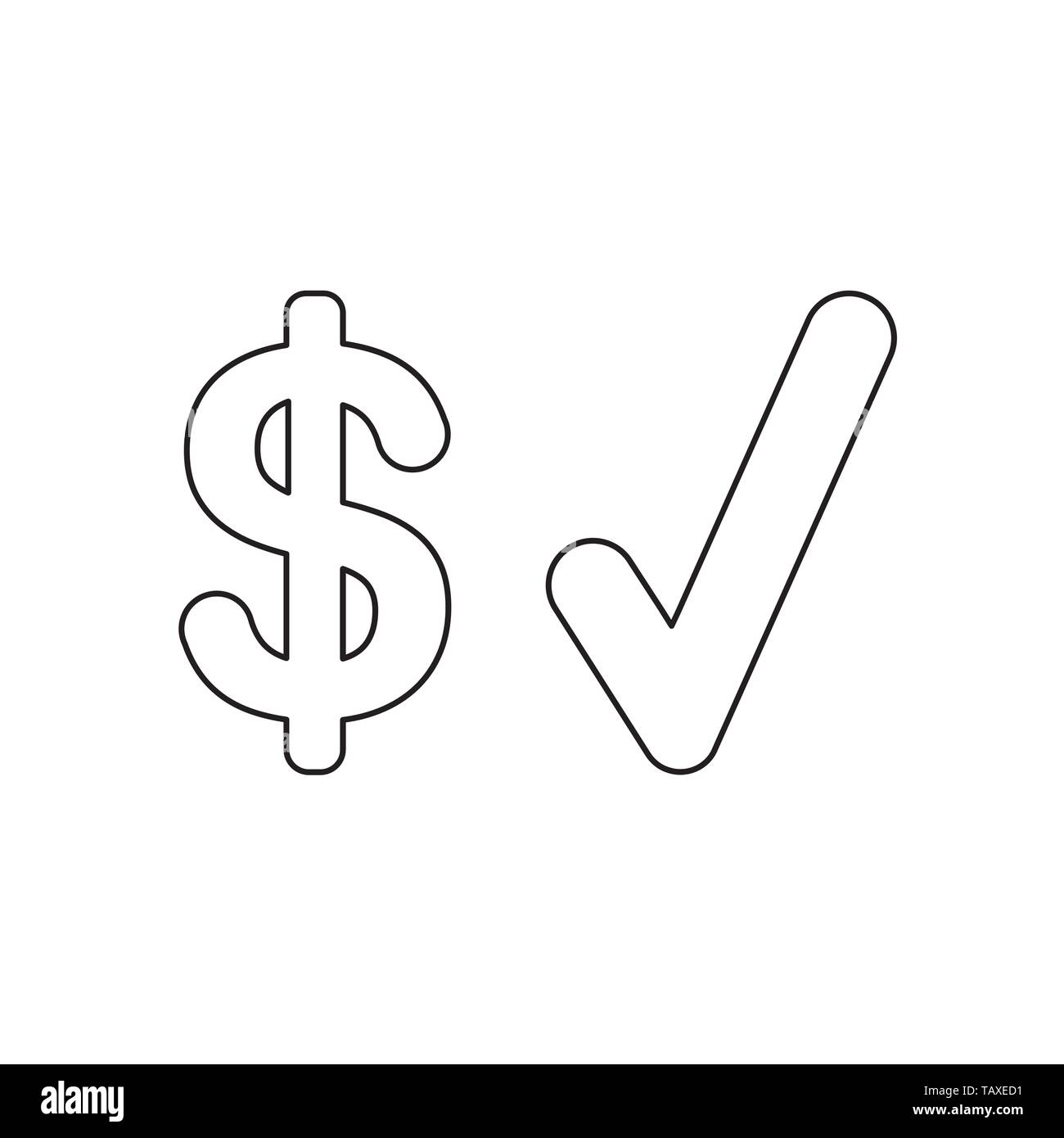 Vector icon concept of dollar with check mark. Black outlines Stock ...