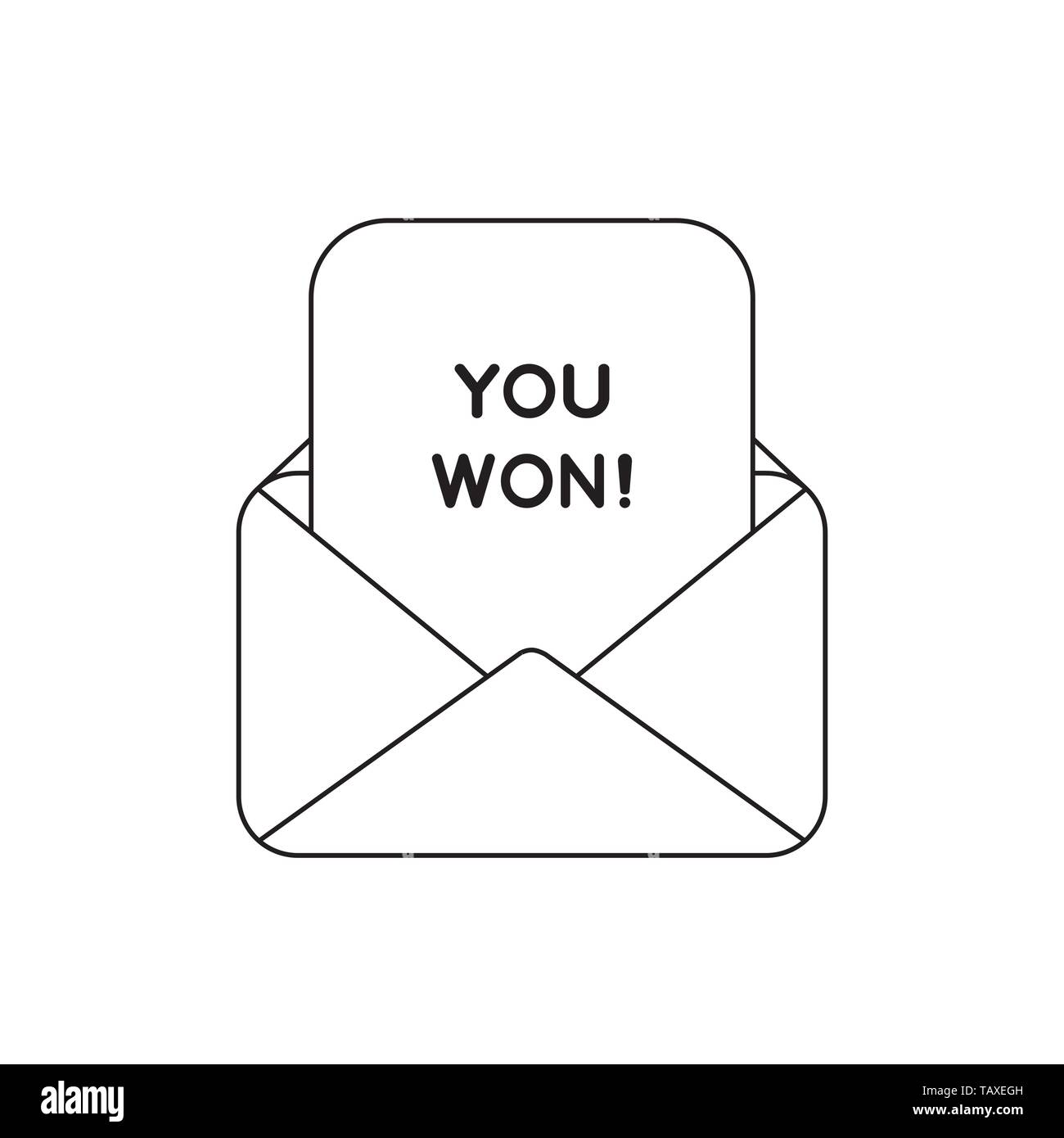Vector icon concept of envelope with you won on paper. Black outlines ...