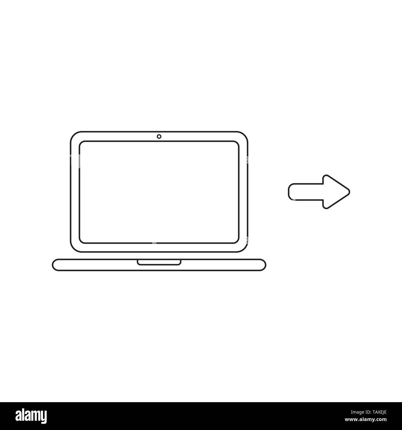 Vector icon concept of laptop computer with arrow right. Black outlines ...